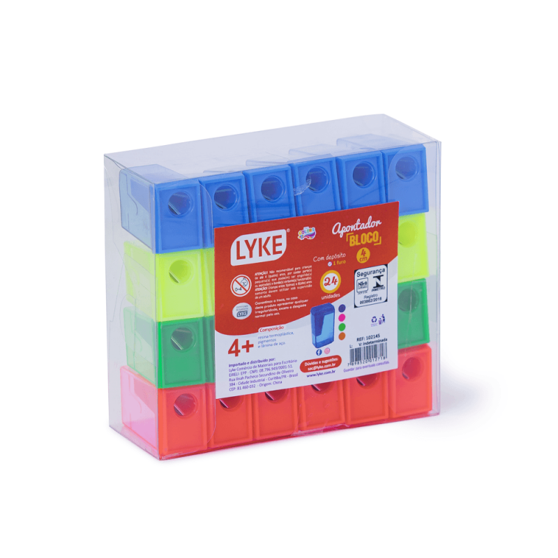 Apontador Plástico Ret. 4cm - Bloco 1F c/ dep CX com 24 unds - LYKE